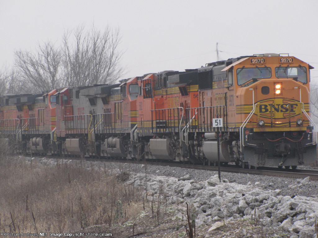 BNSF 9970 is part of the 8 unit coal empty at old monroe.